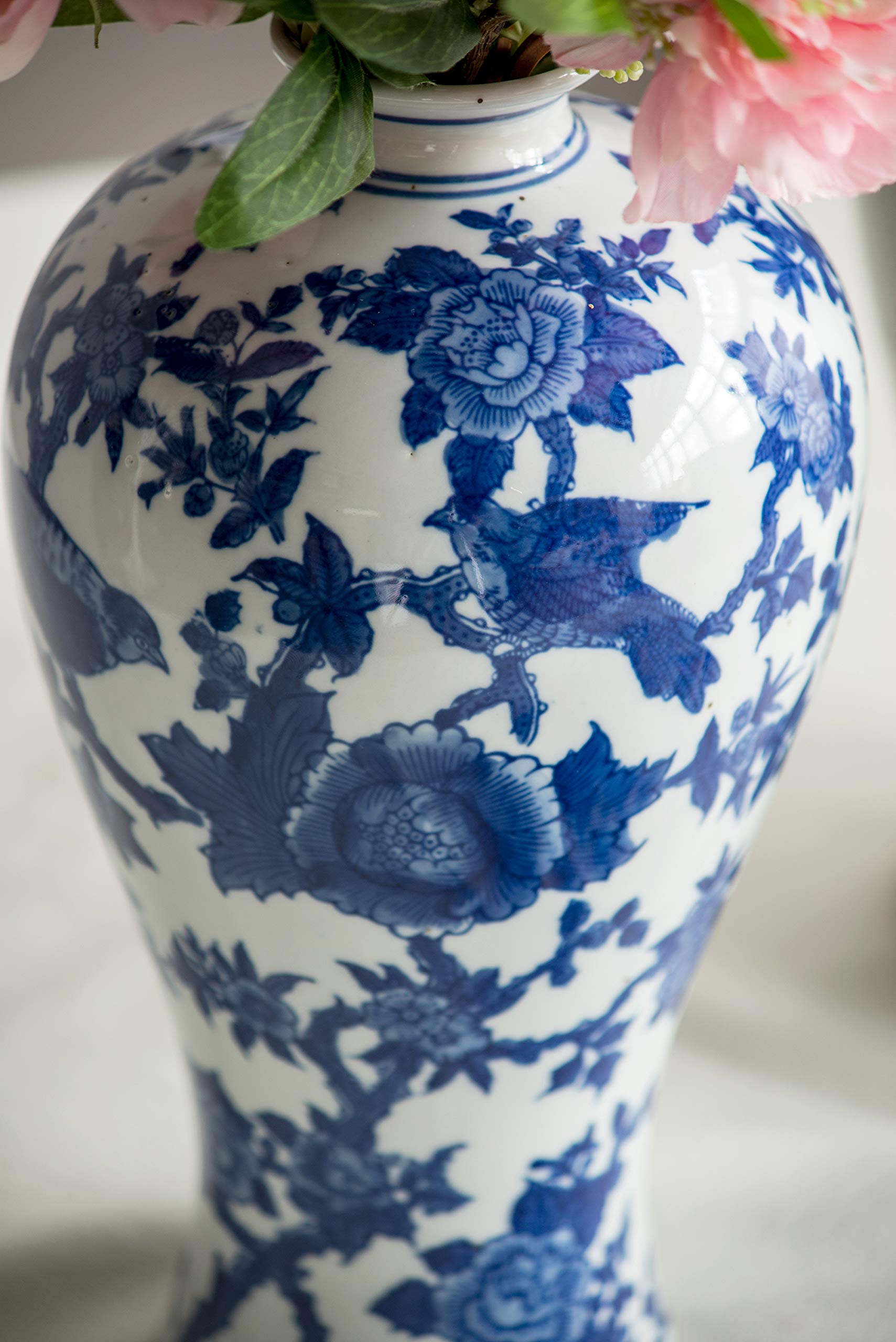 A&B Home 13'' Blue White Porcelain Jar Flower Planter Pot Home Decor Vase Hand Painted Floral Print Tall Vase Asian Decorations