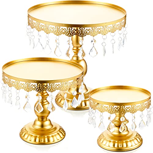 3 Pcs Rose Gold Cake Stand Set Round Cake Stand with Crystal Bling Pendants Dessert Table Display Set for Wedding Event Birthday Party Dessert Table (Gold)