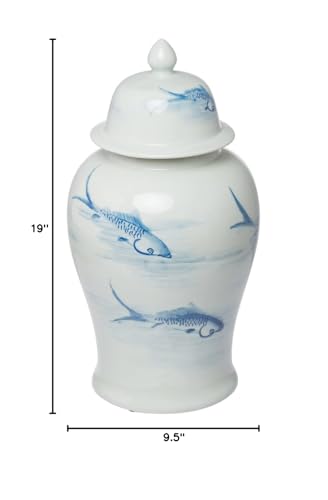 A&B Home Blue & White Porcelain Koi Ginger Jar with Lid,D9.5x19 inch