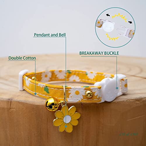 2 Pack Cotton Breakaway Cat Collars with Bell Flower Pendant Kitty Kitten Collars Yellow Green Collar for Female Girl Cats Male Boy Cats