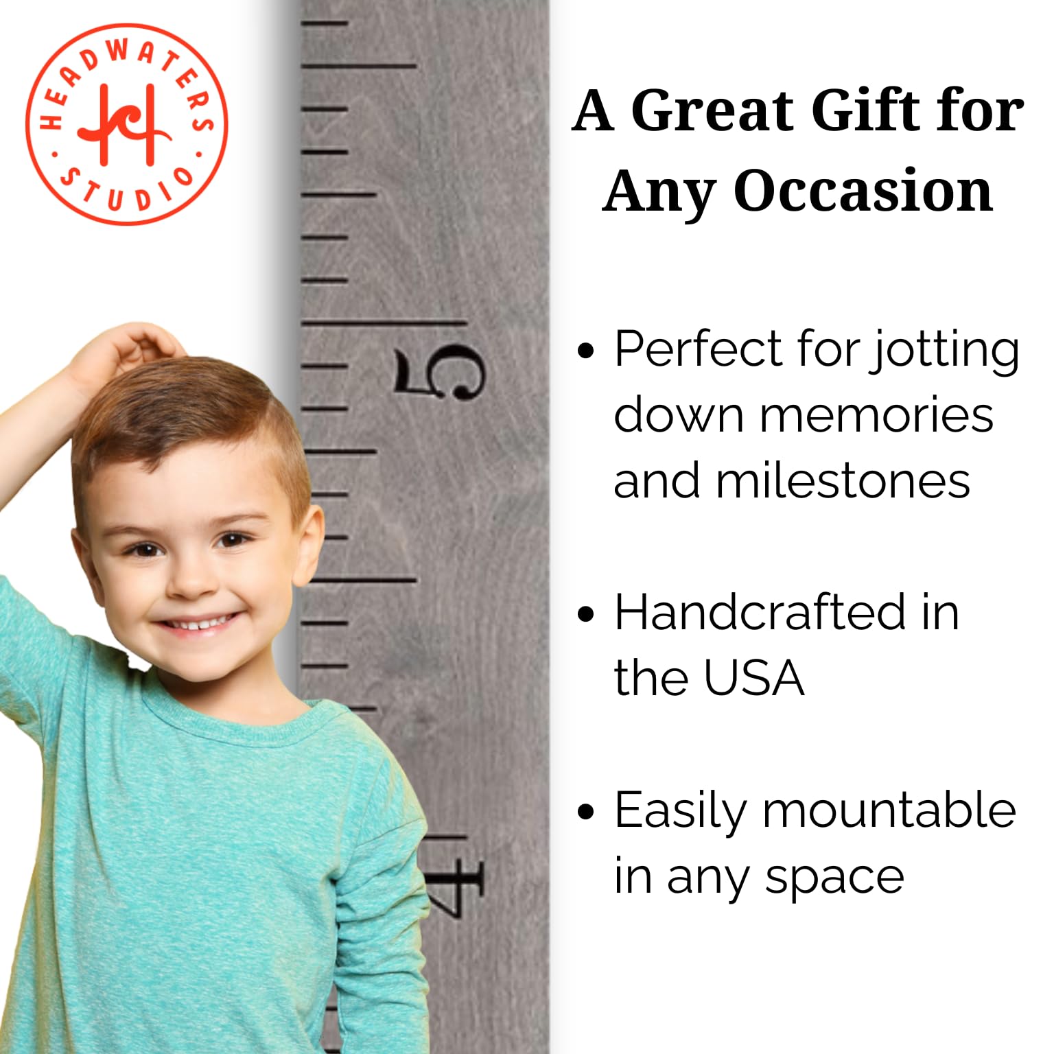 HEADWATERS STUDIO Wooden Growth Chart for Wall-Kids Sizing Chart, Height Measurement for Wall, Kids Height Wall Chart, Kids Height Ruler, Height Growth Chart for Kids - Love Grows Here Gray (63"x6.7")