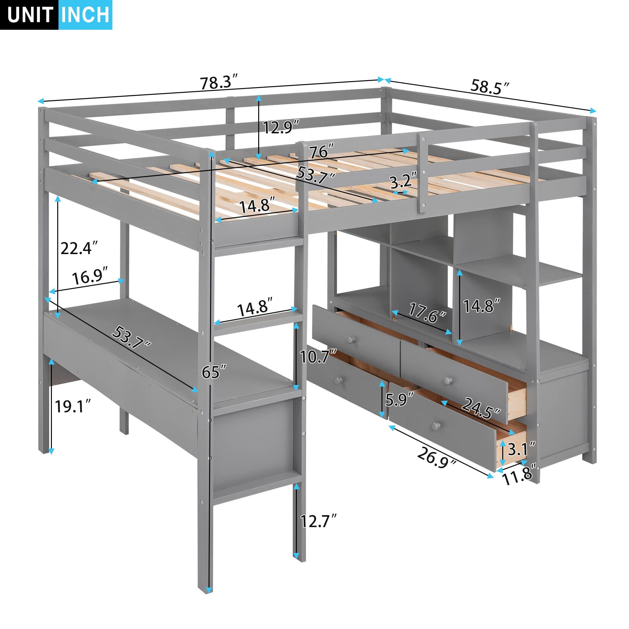 Bellemave Full Loft Bed with Desk and Storage Drawers Wood Beds Frame Bookcase Shelves for Dorm Bedroom Size Bunk Kids Adults Boys Girls Teens, Gray