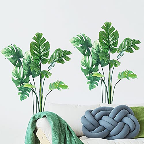 Monstera Leaf Wall Decals 2 PCS Palm Leaves Wall Stickers for Living Room, Green Tropical Plants Wall Decor Posters Vibrant Jungle Leaves Wallpaper for Bedroom Nursery