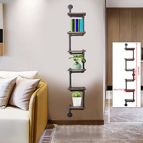 6-Tiers Rustic Floating Wood Shelves Industrial Rustic Iron Pipe, Industrial Bookshelf Modern Ladder Shelf, Vintage Metal Pipes and Wood Shelves, Rustic Display Bookshelf for Storage Collection