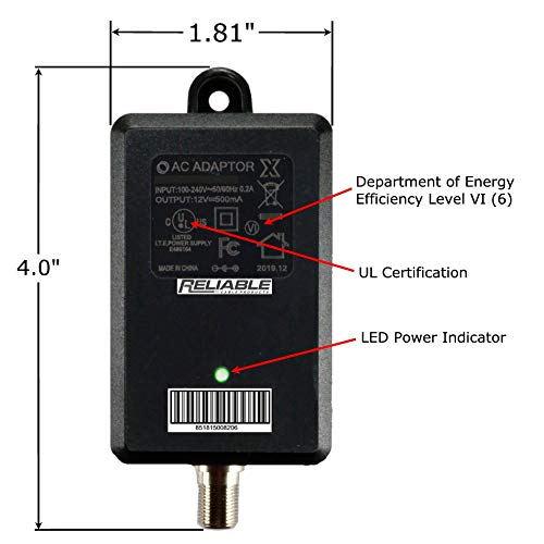 Reliable Cable Power Supply, High Efficiency OEM Replacement Wall Mount Coax Adapter for CATV Drop Amplifiers 12V 500mA (0.5A) with F-Type Connection, DoE Level VI Rated