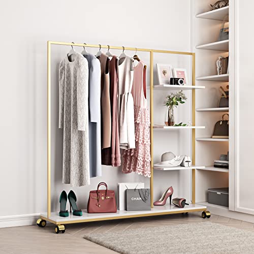 FONECHIN Metal Gold Clothing Rack for Boutique Use, Heavy Duty Garment Rack with Shelves for Retail Display (59L inches)