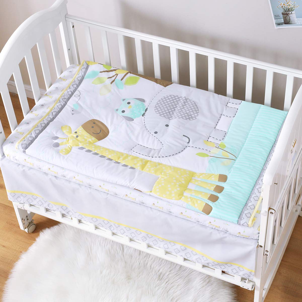 SpringBaby Crib Bedding Set for boy Girl, 3-Piece Cotton Baby Bedding Set, Portable Standard Crib Bedding Set Neutral, Woodland Deer Elephant Crib Bedding Set, Yellow/Grey/Teal