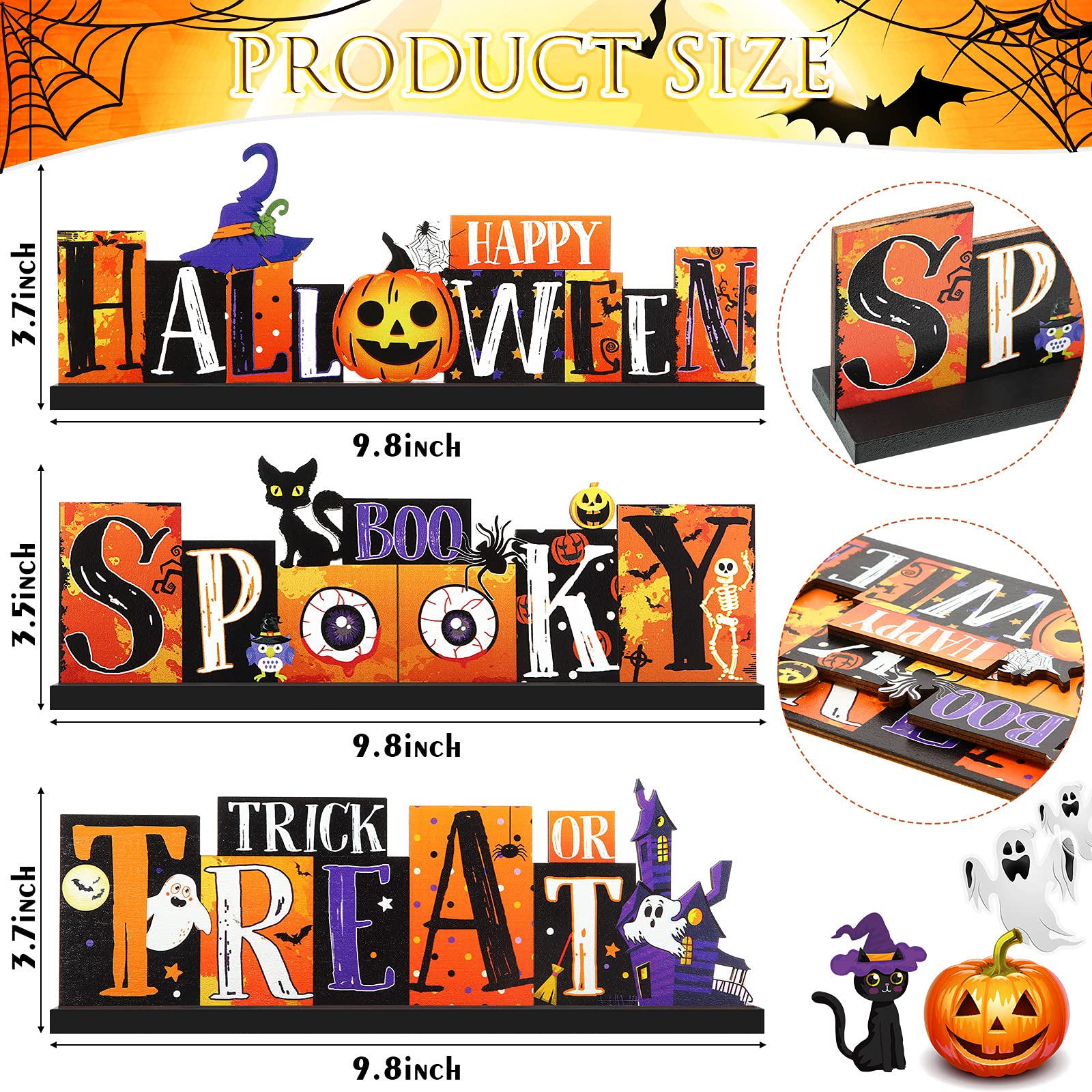 3 Pieces Halloween Table Decorations Pumpkin Table Centerpiece Boo Spooky Wood Sign Trick or Treat Witch Hat Table Decor for Halloween Table Party Living Room Kitchen Office Bar Decorations