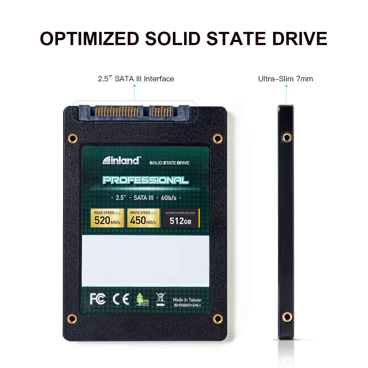INLAND Professional 512GB SSD 3D TLC NAND SATA III 6Gb/s 2.5" 7mm Internal Solid State Drive (512GB)