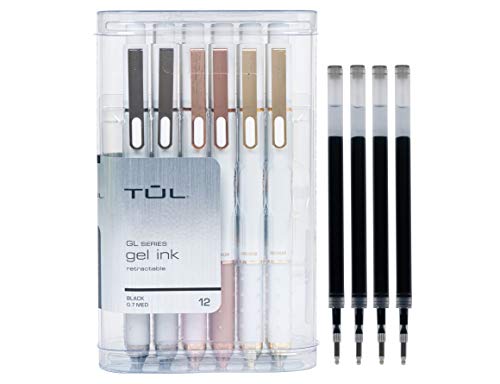 TUL Retractable Gel Pens, Medium Point, 0.7 mm, Pearl White Barrel, Black Ink, 12-Pack + 4 TUL Gel Pen Refills Bundle