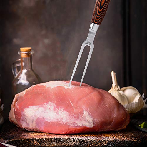 TUO Carving Fork - 7 inch Sharp Meat Fork Barbecue Forks Meat Cooking Fork for Roast Poultry & BBQ Party - German Stainless Steel & Ergonomic Pakkawood Handle - Fiery Series Gift Box Included