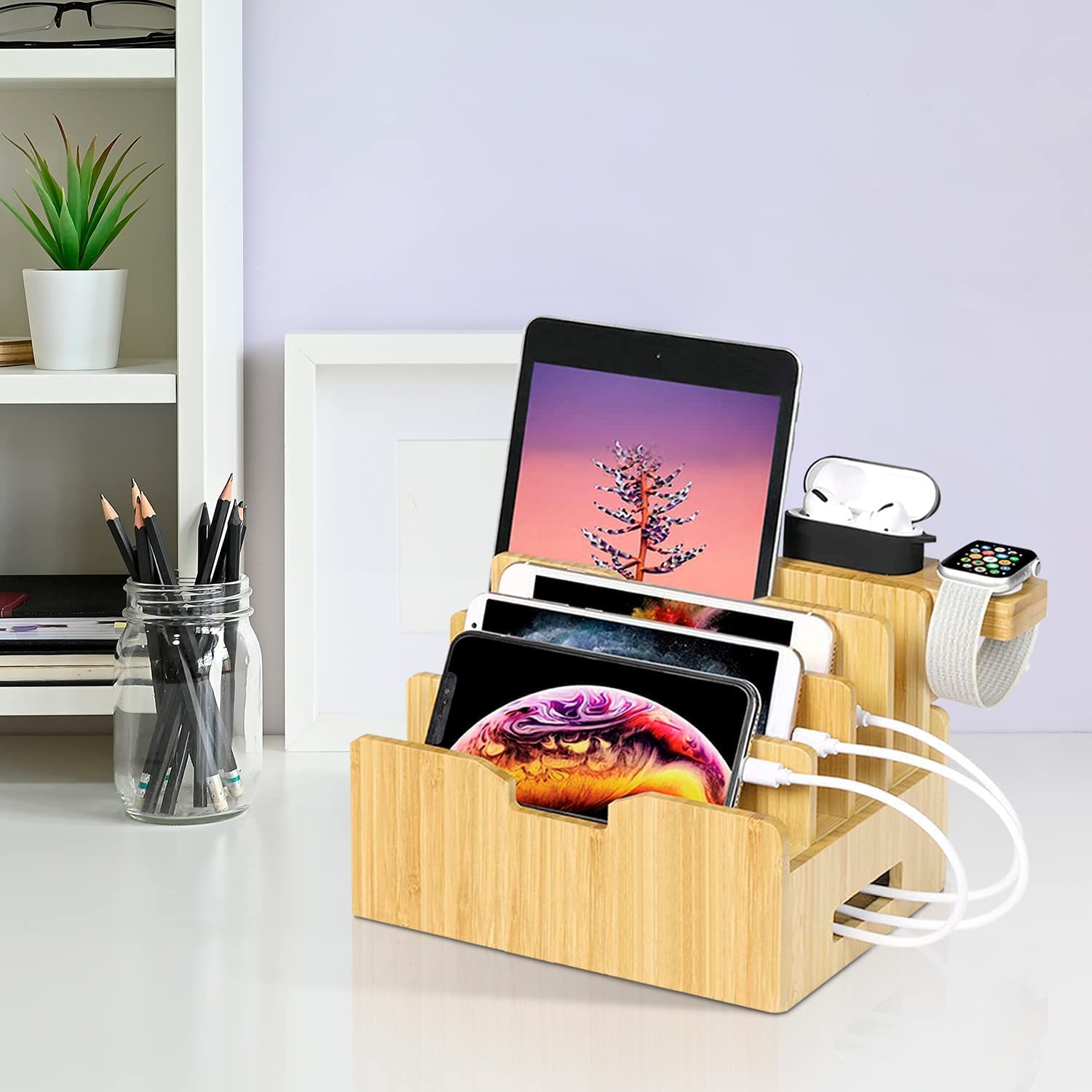 Bamboo Charging Station for Multiple Devices with Integrated Watch & Earbuds Stand, Desktop Charging Docking Station Organizer for Cell Phone, Tablet, 5 Charging Cables Included(No Power Supply)