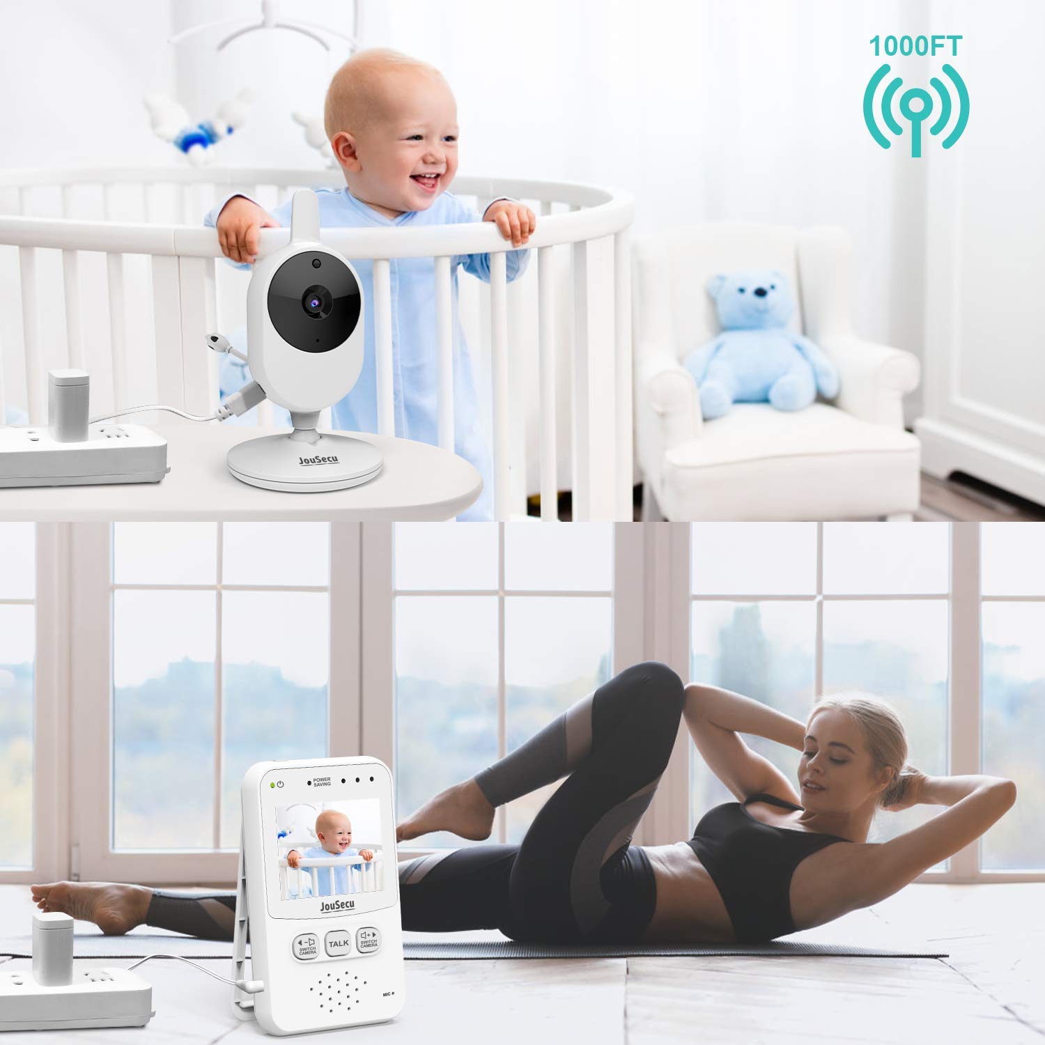 JouSecu Baby Monitor with Camera and Audio 2.4inch LCD, 2-Way Talk, Night Vision, Eco Mode, 1000ft Range, Feeding Alarm (Up to 4 Cameras)