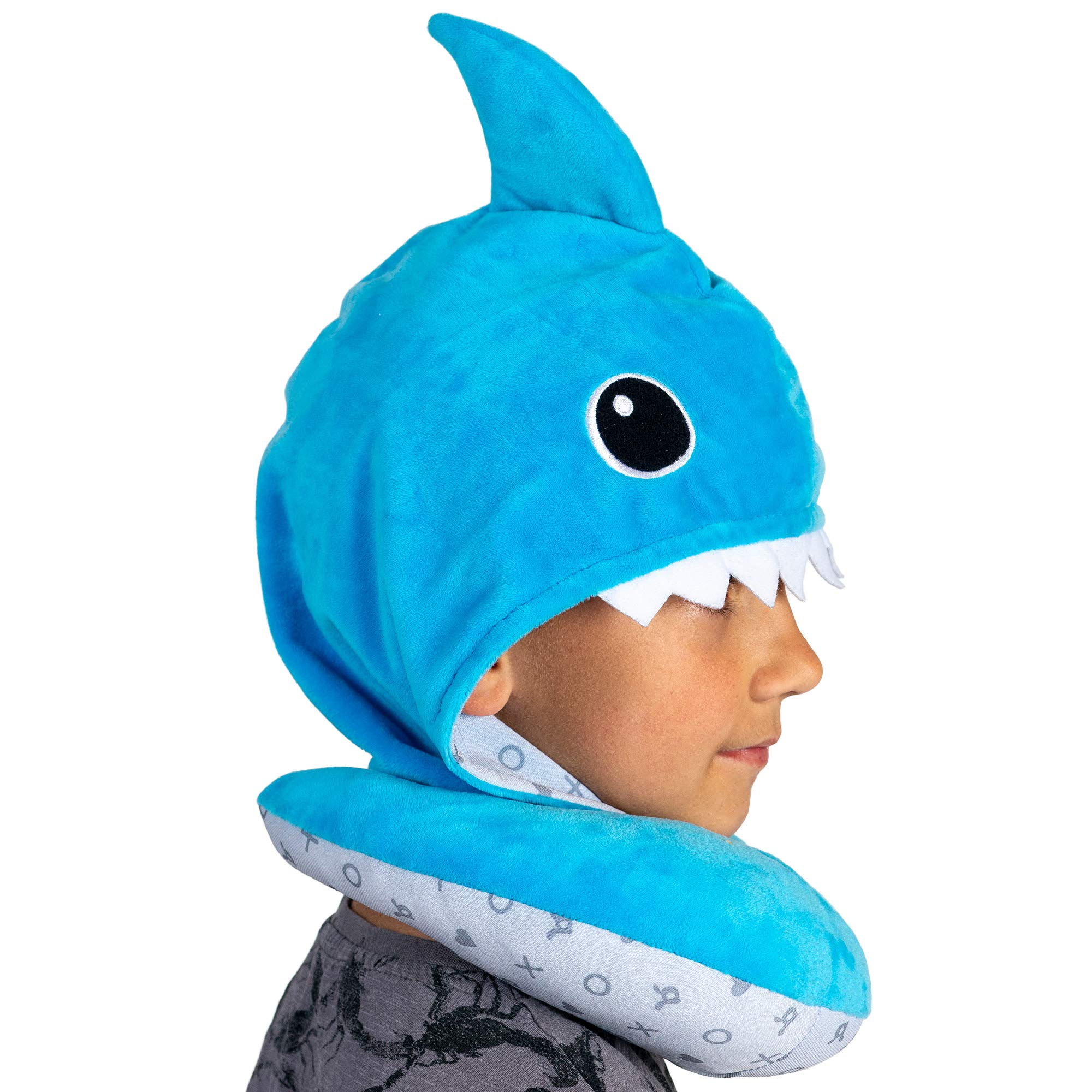 BENBAT Hooded Travel Pillow Neck Support β Soft, Polyester Total Car Seat Head Support for Children 4+ with Magnetic Closure and Ponytail Hole β Machine-Washable Travel Essentials (Shark)