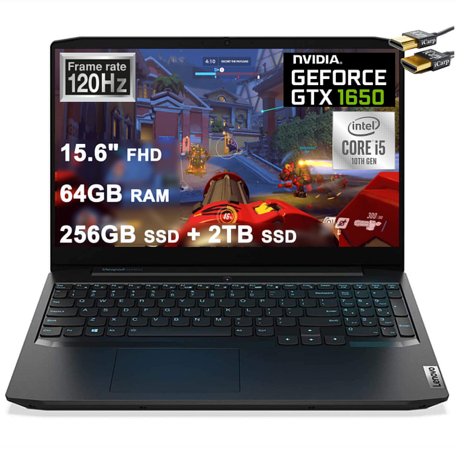 Lenovo Ideapad 3 Gaming Laptop 15.6" FHD IPS 120Hz Intel Quad-Core i5-10300H (Beats i7-8850H) 64GB DDR4 256GB SSD + 2TB SSD GTX 1650 4GB Backlit KB USB-C Dolby Win10 + HDMI Cable
