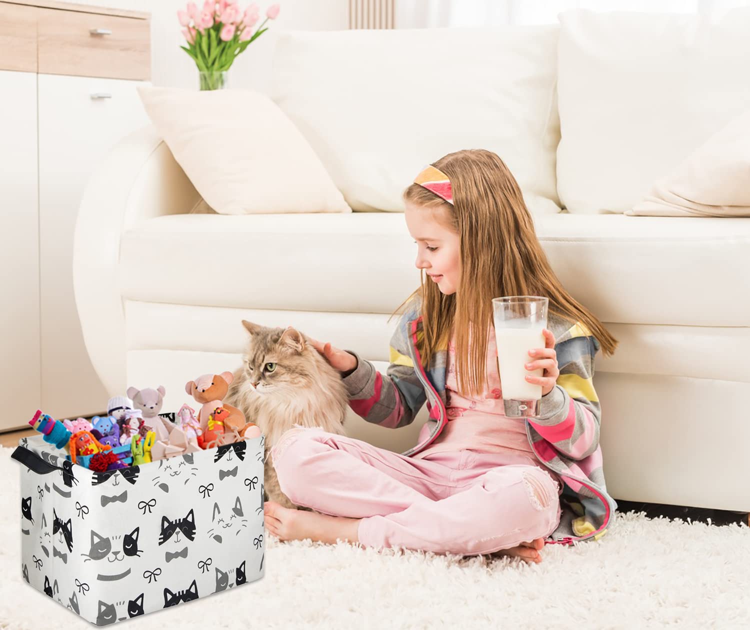 HIYAGON Cat Basket Cute Toy Storage Basket Bin Organizer Box Kids Gift Basket Empty Rectangular Cat Room Decor for Home Books(Bowknot Cats)