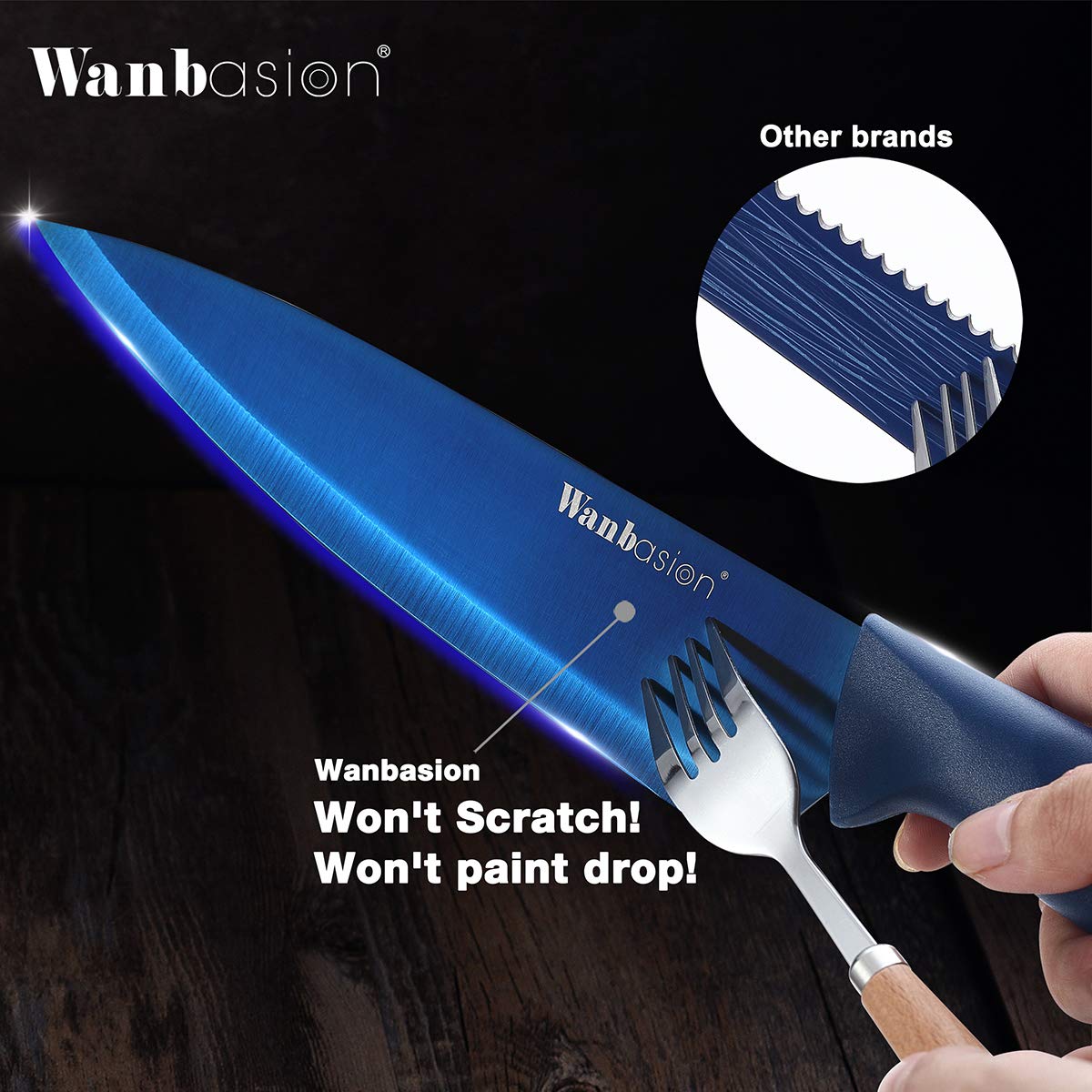 Wanbasion Kitchen Knife Set Block, Stainless Steel Kitchen Knife Set, Professional Kitchen Knife Set Block with Blue Titanium