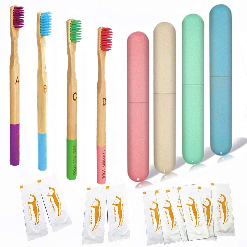 Bamboo Toothbrush ïŒ4-pack with Cases ïŒ- Soft Eco Friendly, with 4 Pc Travel Toothbrush Case and 10 pack Dental Floss - Bpa Free Biodegradable - Wood Kit