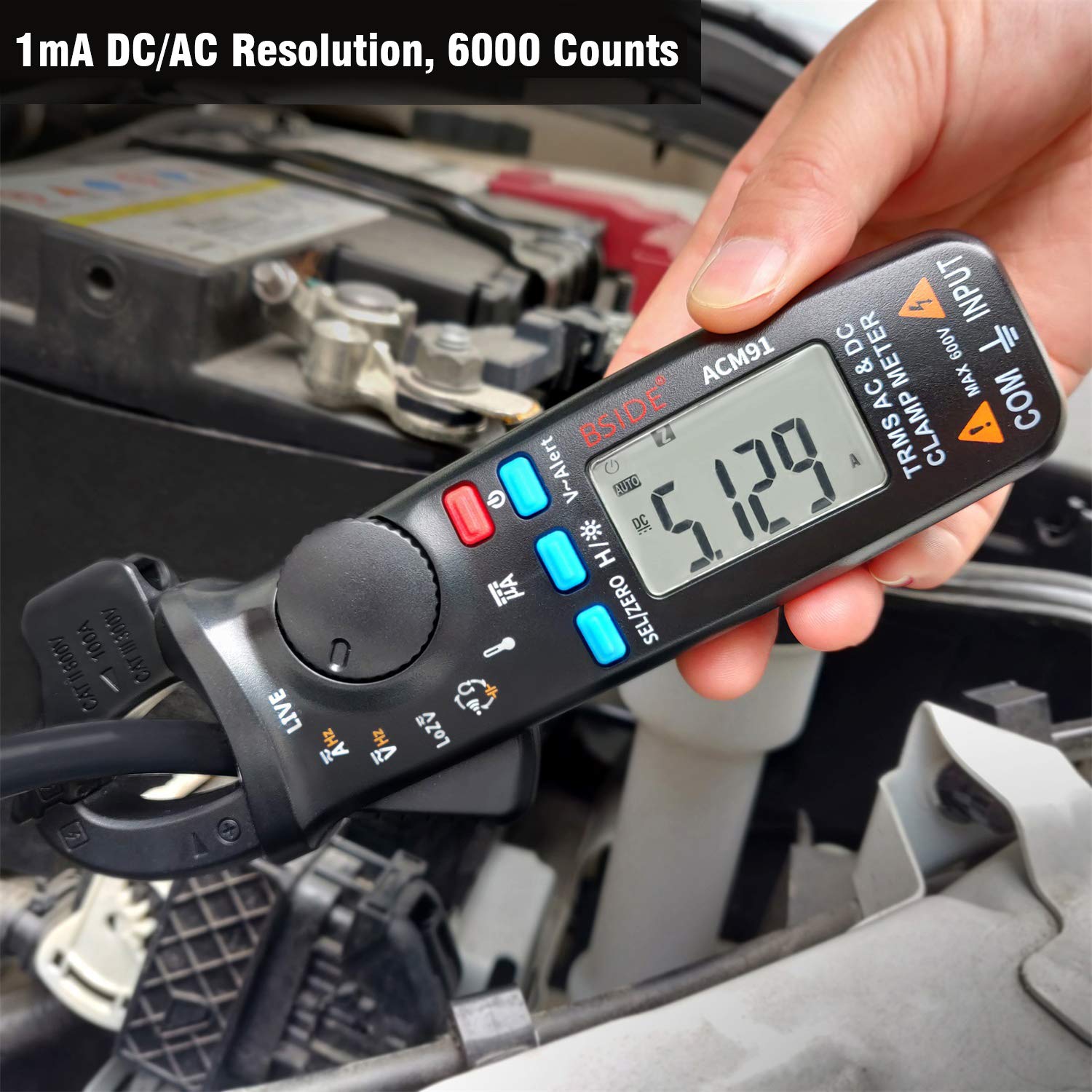 1mA DC Clamp Meter True RMS 6000 Counts Auto-Ranging Digital Multimeter Capacitance Temperature Ohm Live Check V-Alert Low Impedance Voltage Tester for HVAC Automotive
