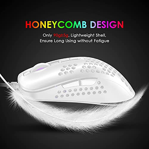 60% Gaming Keyboard and Mouse,Rainbow LED Backlit Gaming Keyboard with Wired Mini Portable Ergonomic 2400 DPI Ultralight Gaming Honeycomb Shell Mouse,Mouse Pad for Windows PC Gamers(White)