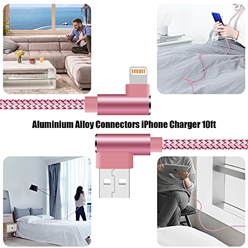 iPhone Charger 10 ft 90 Degree Lightning Cable 3 Pack MFi Certified Lightning Cable Nylon Braided Right Angle iPhone Charging Cable for iPhone 13 12 11 Pro X XS XR 8 Plus 7 6 5(Rose Gold,10 Foot)