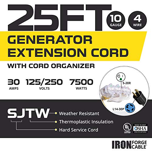 30 Amp Generator Cord - 25 Ft 4 Outlet Generator Power Cable with Organizer, L14-30, 10/4 SJTW, 125/250v, 7500 Watt