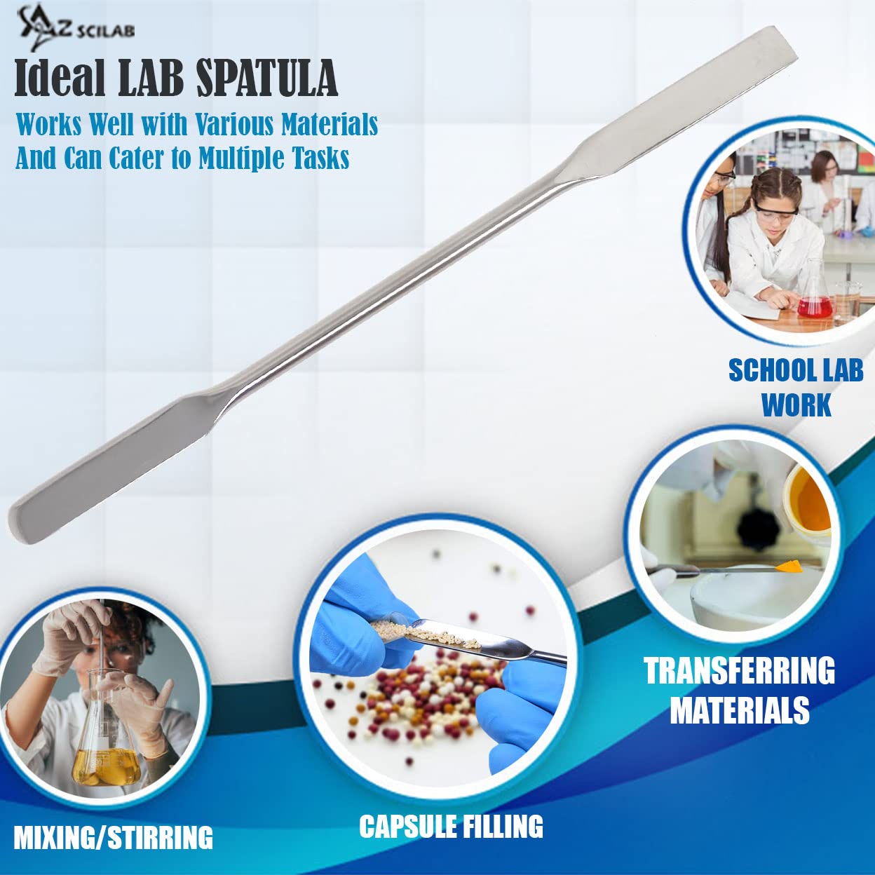 A2Z-SQRD4-7 Stainless Steel Double Ended Micro Lab Spatula Sampler, Square & Round End, 7" Length, 4/Pack