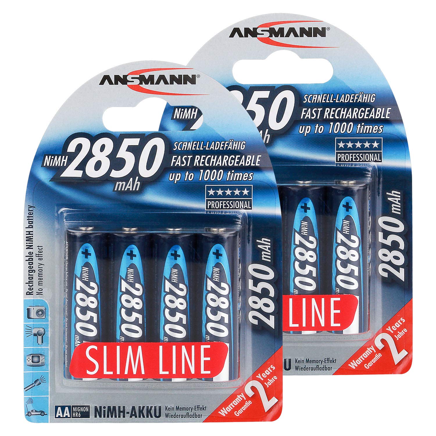 ANSMANN rechargeable batteries AA 2850 mAh NiMH - High capacity double A batteries pre-charged for camera, flashlight, controller, gamepad, solar light, Apple mouse, wireless keyboard, zapper - 8 Pack