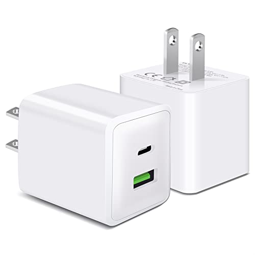 2 Pack USB C Wall Charger, PLSFLICK 20W Dual Port Power Delivery Fast Type C Charging Block Plug Adapter for iPhone 14 13 12 Pro Max Mini XR XS SE, Ipad, Airpods, Samsung Galaxy(White)