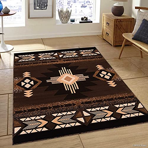 Allstar 5x7 Black and Mocha Navajo Machine Carved Effect Rectangular Accent Rug with Ivory and Espresso Geometric Design (5' 2" x7' 1")