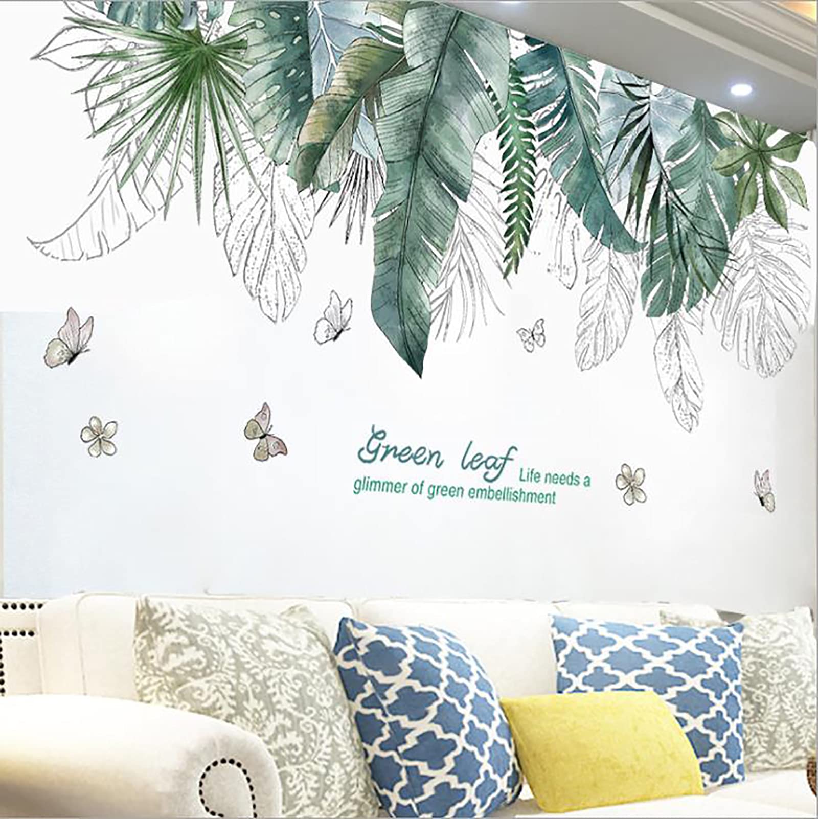 SENGTER Tropical Leaves Wall Decals Removable Jungle Green Palms Tree Plant Wall Stickers for Living Room Kids Room Bedroom Playroom Decor