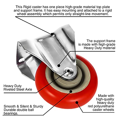 4 Pack 4" Caster Wheels Swivel 360 Degree 2 with Brake Swivel and 2 Rigid Non Swivel Fixed Stationery Combo On Red Polyurethane Wheels with Hardware