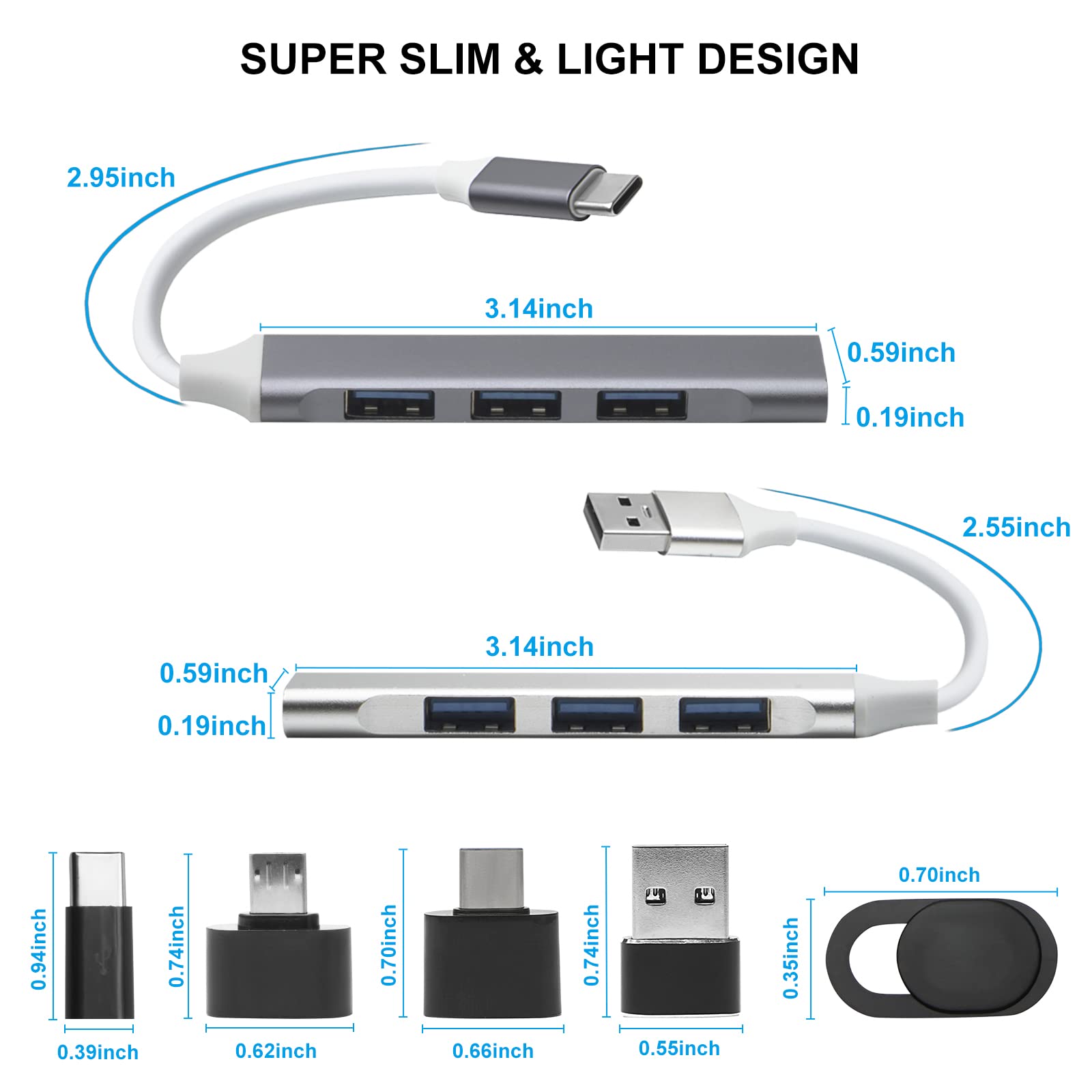 2pcs USB C Hub USB Hub 3.0,4-Port USB C to USB Adapter USB to USB C Adapter,Ultra-Slim USB C Adapter USB Splitter,USB C Dock USB Extender for Laptop,iMac Pro,MacBook Air,Mac,USB to USB C,USB C to USB