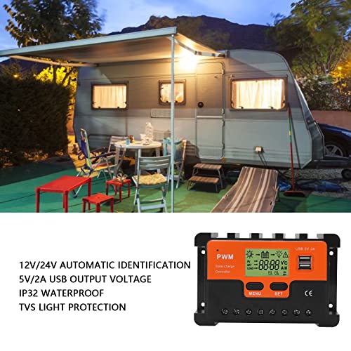 12V/24V PWM Solar Controller - Automatic Identification, LCD Display, 10A Solar Charge Controller with 2 USB 5V Output - 28AWG to 10AWG