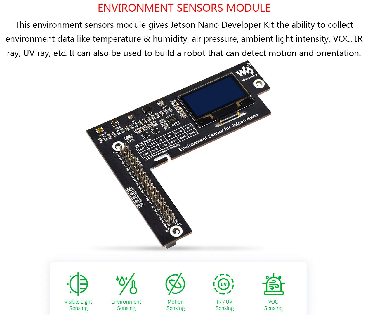 Bicool Environment Sensor Module for Jetson Nano Developer Kit B01-4GB and Jetson Nano 2GB, Collect Temperature Humidity IR ray Data,etc. I2C Bus,1.3inch OLED Display for Reading Data in Real Time