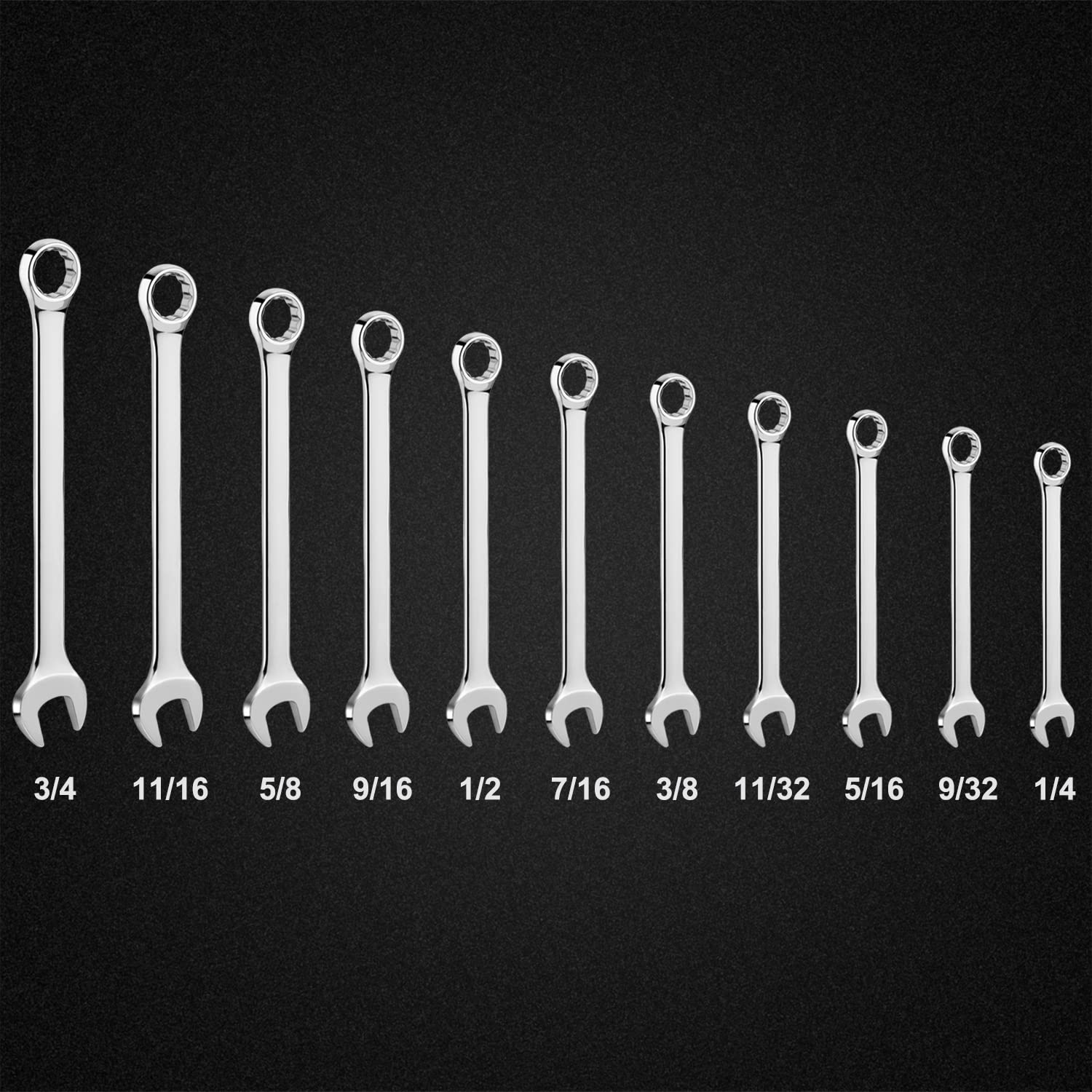 11-Piece SAE Combination Wrench Set in Roll-up Pouch, Non-Skip Inch Sizes 1/4 to 3/4” | Chrome Vanadium Steel with Mirror Finish | Ideal for General Household, Garage Workshop, Auto Repairs and More