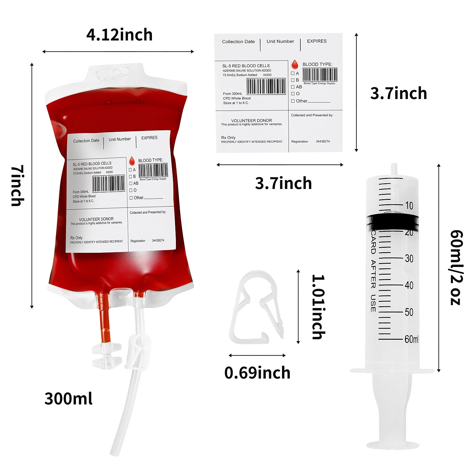 20 Packs Halloween Blood IV Bags for Drinks Reusable Container Drinks Pouches for Vampire Zombie Theme Party Decoration Supplies with Syringe and Clips, 10.15 fl.oz (20pcs Bag, 20 Label, 2 Syringes)