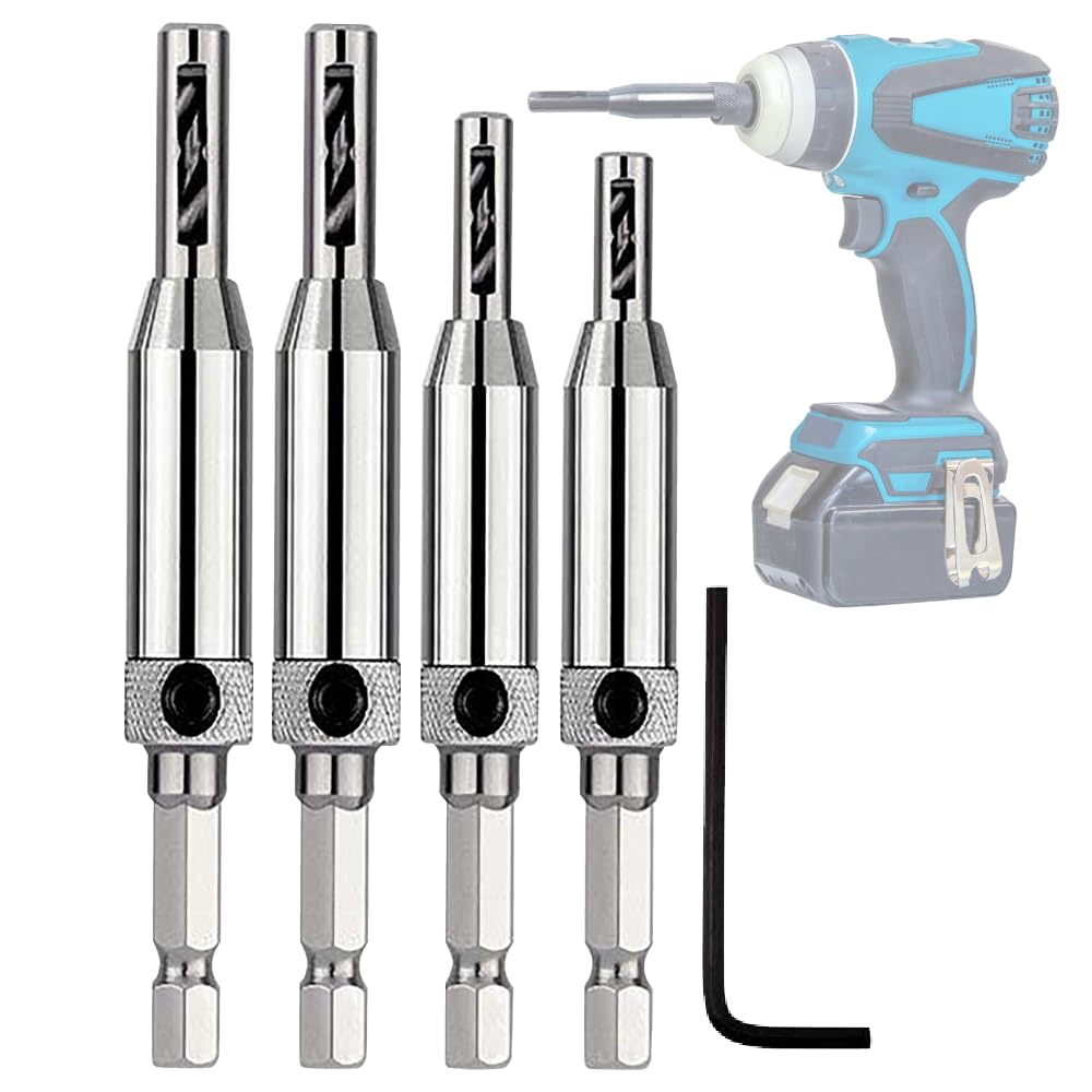 Japard Self Centering Drill Bit Set for Hinges 4 Pcs, 1/4 Hex Shank with 5/64, 7/64, 9/64, 11/64 inches Door Window Cabinet