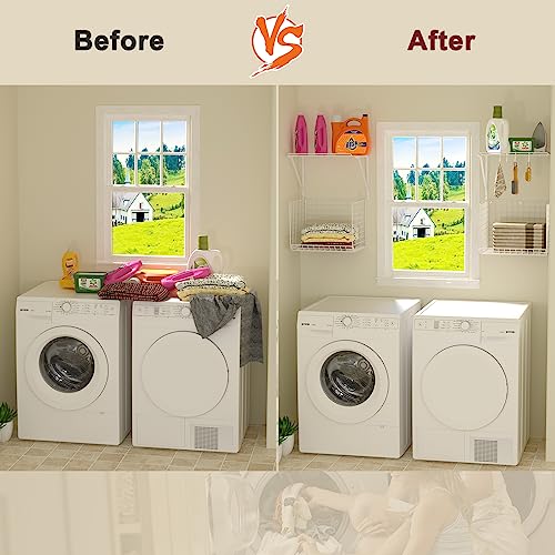 2 Pack Laundry Room Shelves Wall Mounted with Wire Baskets, Over the Washer and Dryer Shelf with Clothes Drying Rack, 8 Hooks，Wire Shelves Baskets for Laundry Closet Organization and Storage, White