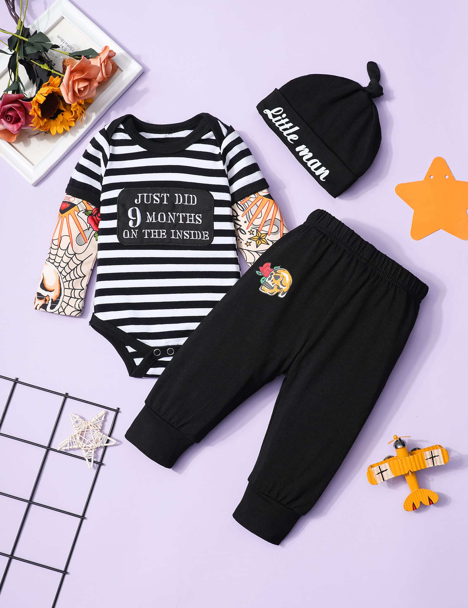 Baby Boy Clothes 0-3 Months Fake Tattoo Sleeve Just Did 9 Months On The Inside Funny Baby Romper Rockabilly Bodysuits +Little Man Hat + Skull Pant 3PCS Outfits Set