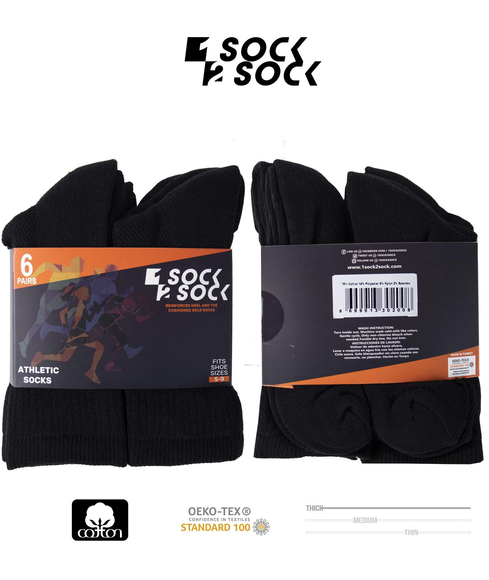 1SOCK2SOCK 6 Pack Performance Cotton Cushion Crew Athletic Sport Socks Moisture Wicking Arch Support Band Black