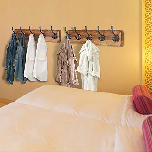 Dseap Coat Rack Wall Mounted with 5 Coat Hooks - Heavy Duty Wooden Wall Coat Hanger for Clothes Hat Jacket Clothing, Natural & Black, 2 Packs