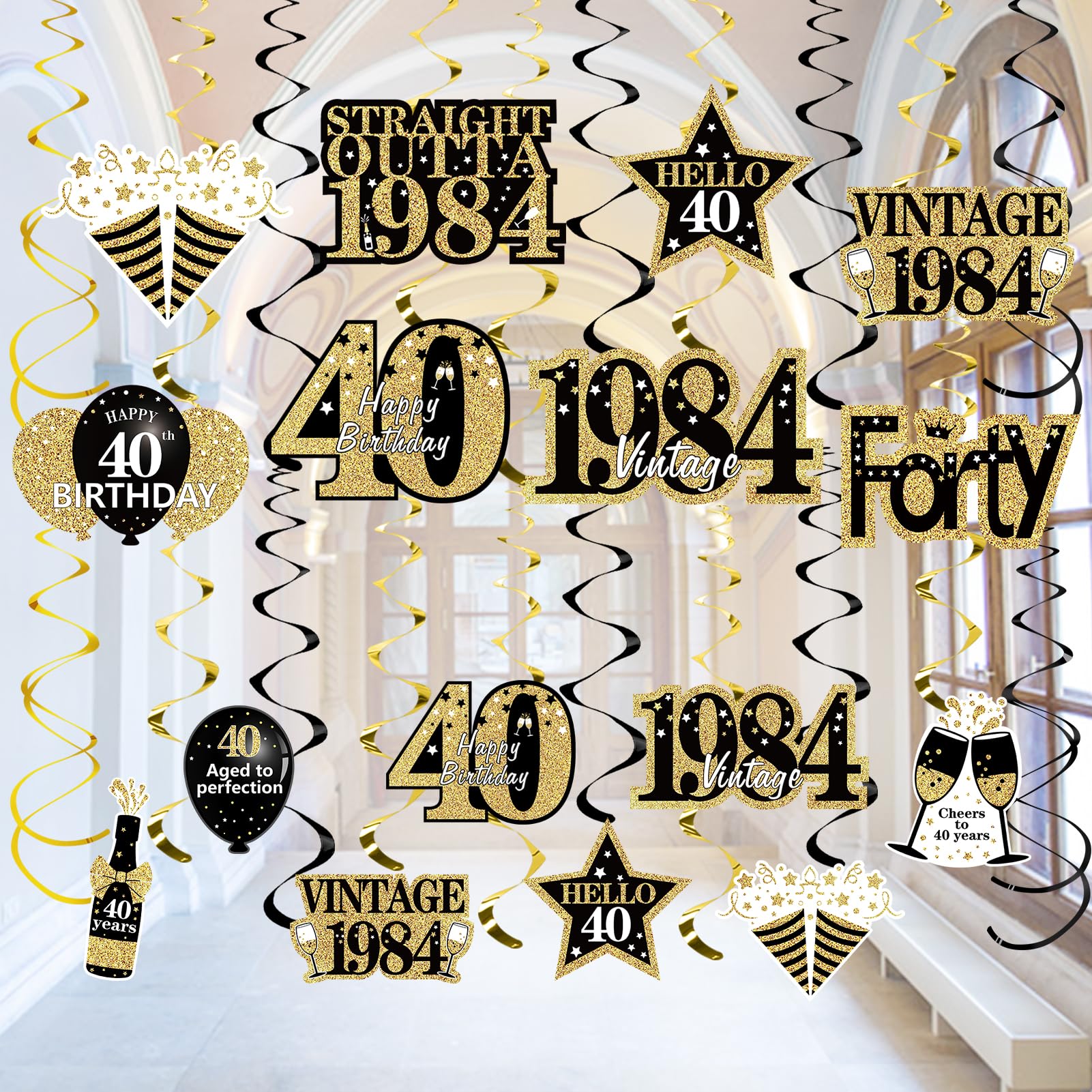 Turypaty 40th Birthday Decorations Hanging Swirls for Men Women, Black Gold Vintage 1984 40th Birthday Foil Swirls Party Supplies, Forty Year Old Birthday Ceiling Hanging Decorations