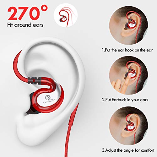 JAAMIRA Sports Wired Earbuds Over Ear Headphones with Microphone -Comfortable in Ear Ear Buds for Kids &Adults -Noise Isolation Earphones 3.5mm Jack for Phone iPhone Computer Runing Workout Gym Red