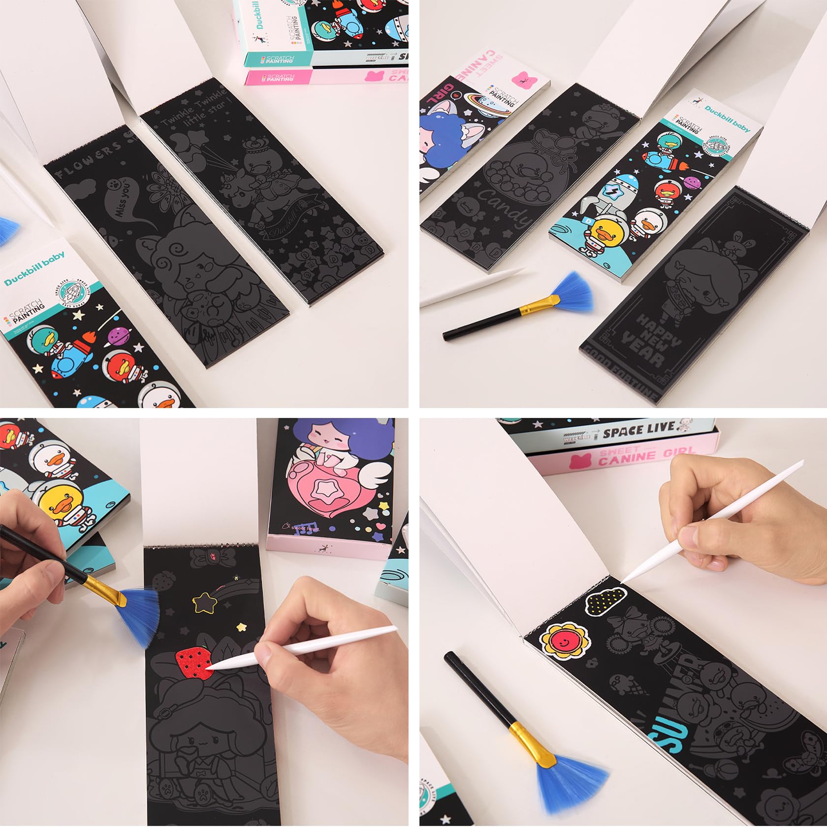 40 Card Rainbow Sparkle Scratch Painting Note, Hand-Eye Coordination Art&Crafts, Mini Magic Scratch DIY Graffiti Creative Bookmarks Gift for Kids&Adults, 8.5''x3.2'' (Canine Girl/Duckbill Baby Space)