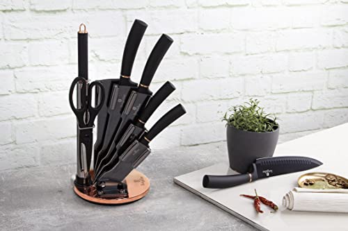 Berlinger Haus Kitchen Knife Set with Block, 8 Piece Knives Set for Kitchen, Cooking Knives with Kitchen Shears and Sharpener, Sharp Cutting Stainless Steel Chef Knife Set with Acrylic Stand, Black