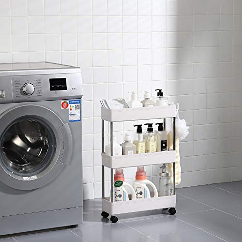 3 Tier Slim Storage Cart, Bathroom Storage Organizer Mobile Multi Functional Slim Storage Cart Rolling Utility Cart Tower Rack for Kitchen Bathroom Laundry Narrow Places