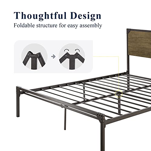 Allewie Queen Size Bed Frame with Wood Headboard, Metal Platform Frame with Strong Slats and Rivet Decoration, Easy Assembly, No Box Spring Needed, Noise Free, Brown