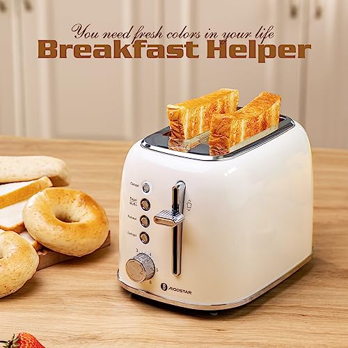 Aigostar Toaster 2 Slice, Retro Extra-Wide Slot Toasters Best Rated Prime for Toasting Bagels, Breads, Waffles & More, Cancel, Defrost & 6 Browning, Removable Crumb Tray, Stainless Steel, Cream White