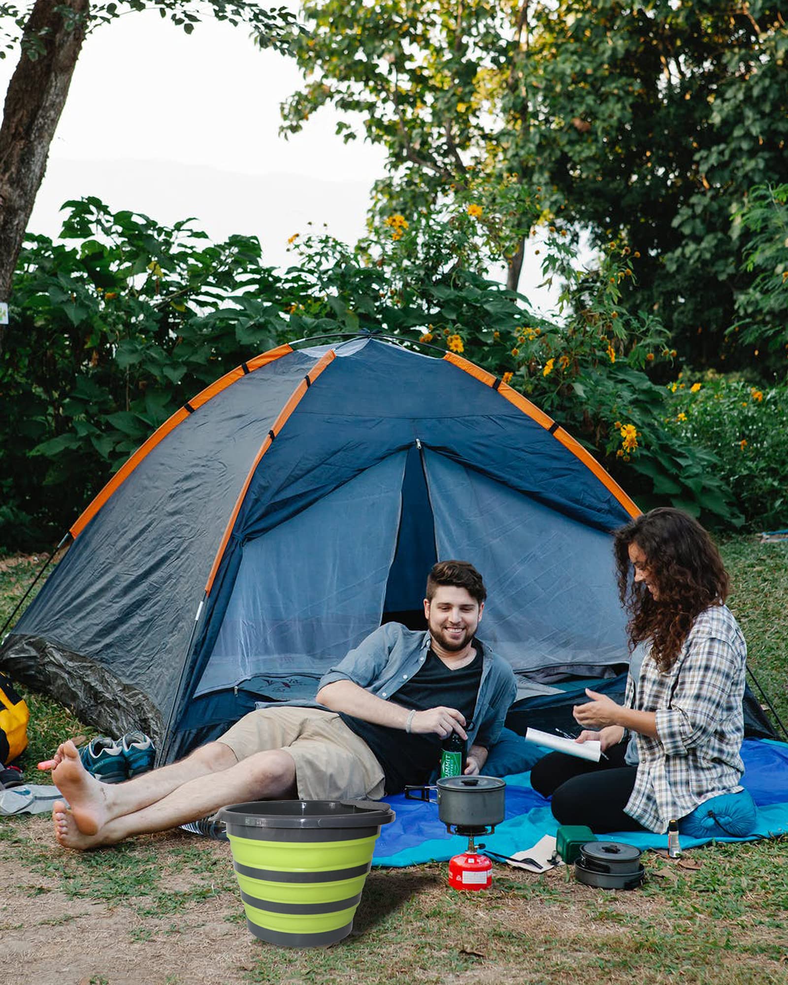 2 Pack Collapsible Bucket w/Removable Filter, 2.6 Gallon (10L) & 1.3 Gallon (5L), Folding Bucket with Handles, Portable, Lightweight, Space Saving Bucket for Camping, Gree